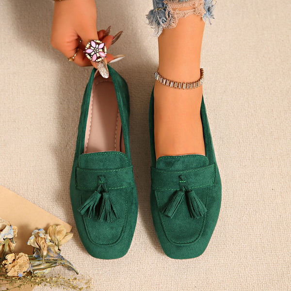 Women's Square Toe Tassel Slip-On Loafers | Suede Flat Casual Shoes ...