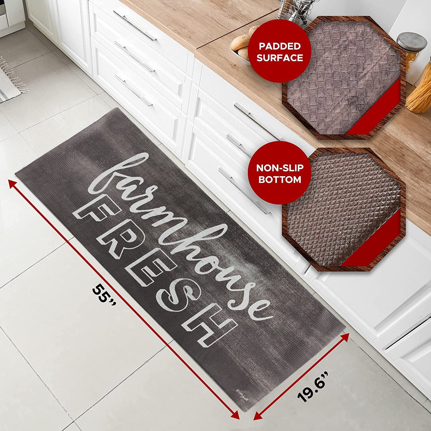 20"x55" Oversized Cushioned Anti-Fatigue Kitchen Runner Mat (Farmhouse ...