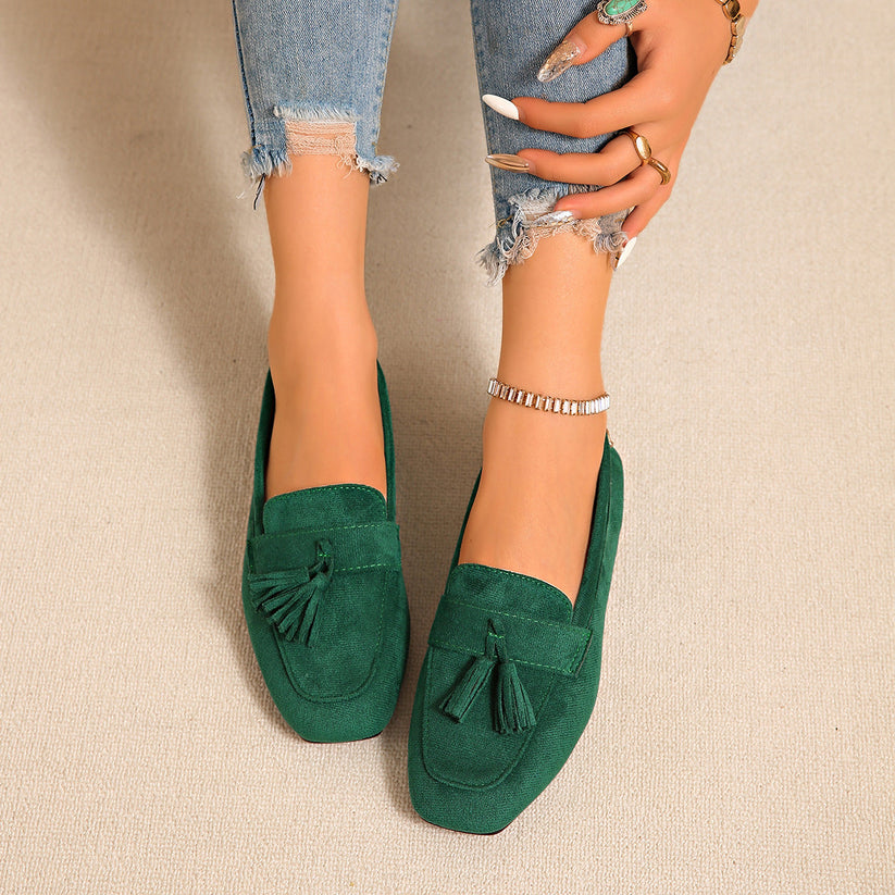 Women's Square Toe Tassel Slip-On Loafers | Suede Flat Casual Shoes ...