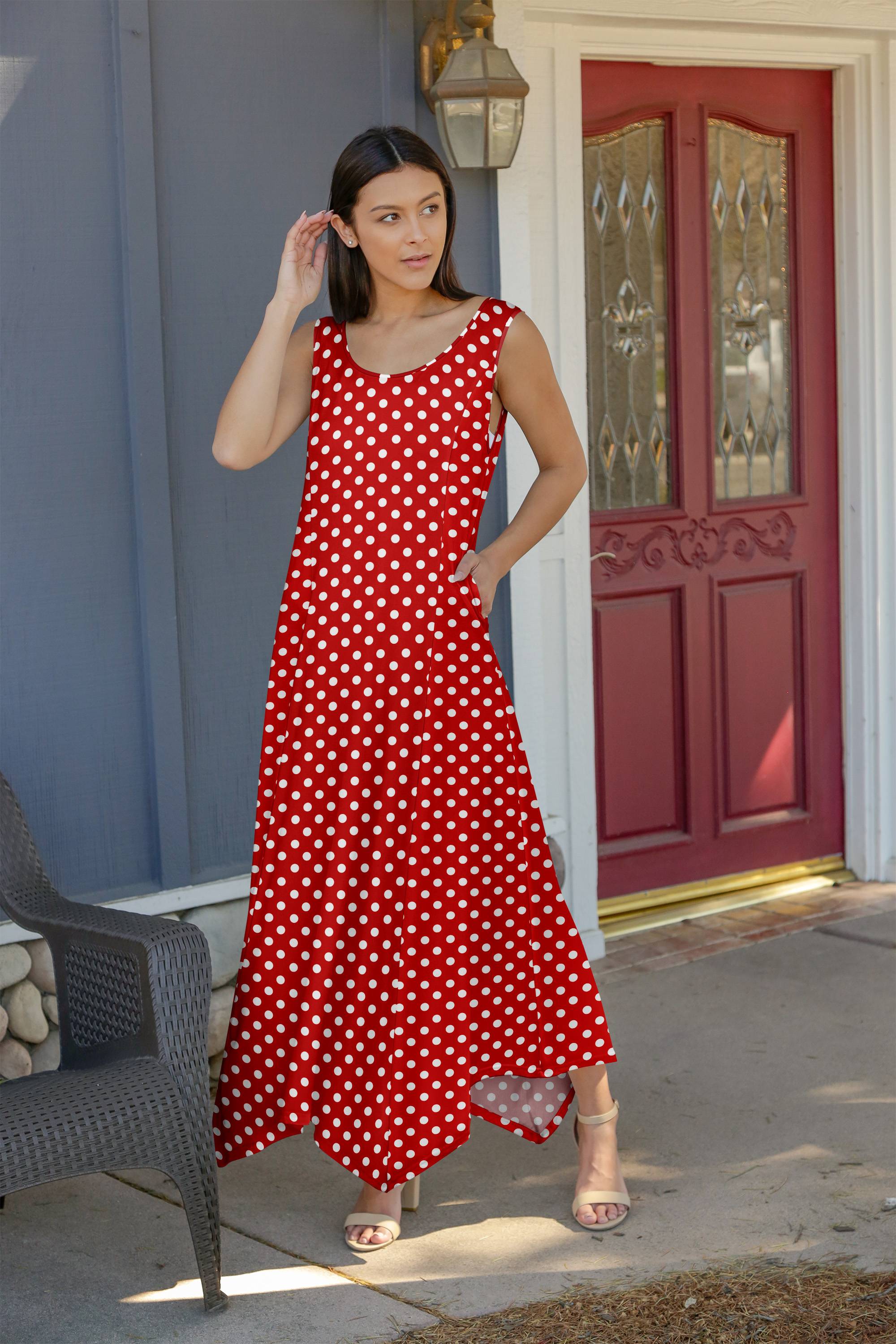Lily by Firmiana Women's Cap Sleeve Fishtail Maxi Dress Red & White Po ...