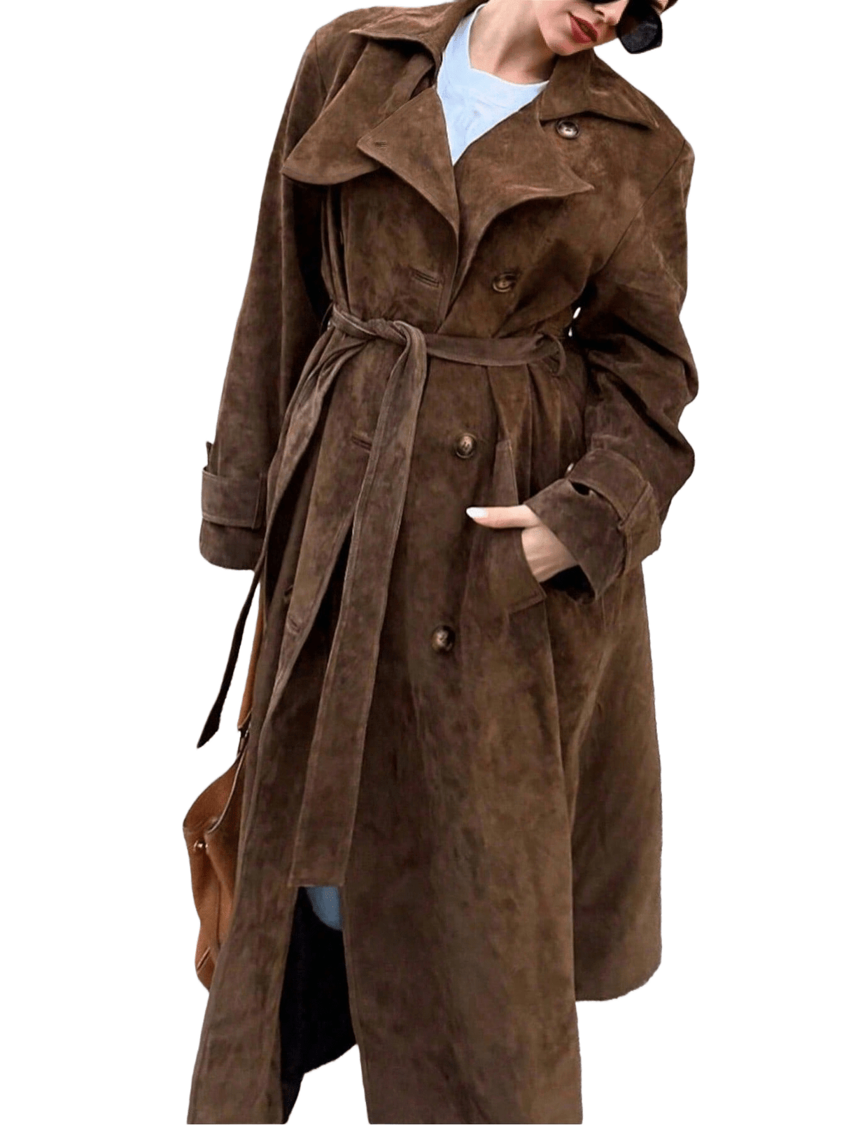 Chic YC Womens Faux Suede Long Trench Coat Notched Lapel Double Breast ...