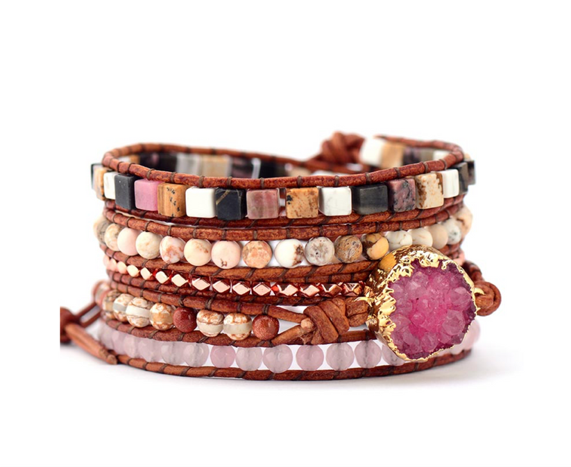 5 Layer Beaded Fuschia Druzy Wrap Leather Bracelet – Zulily