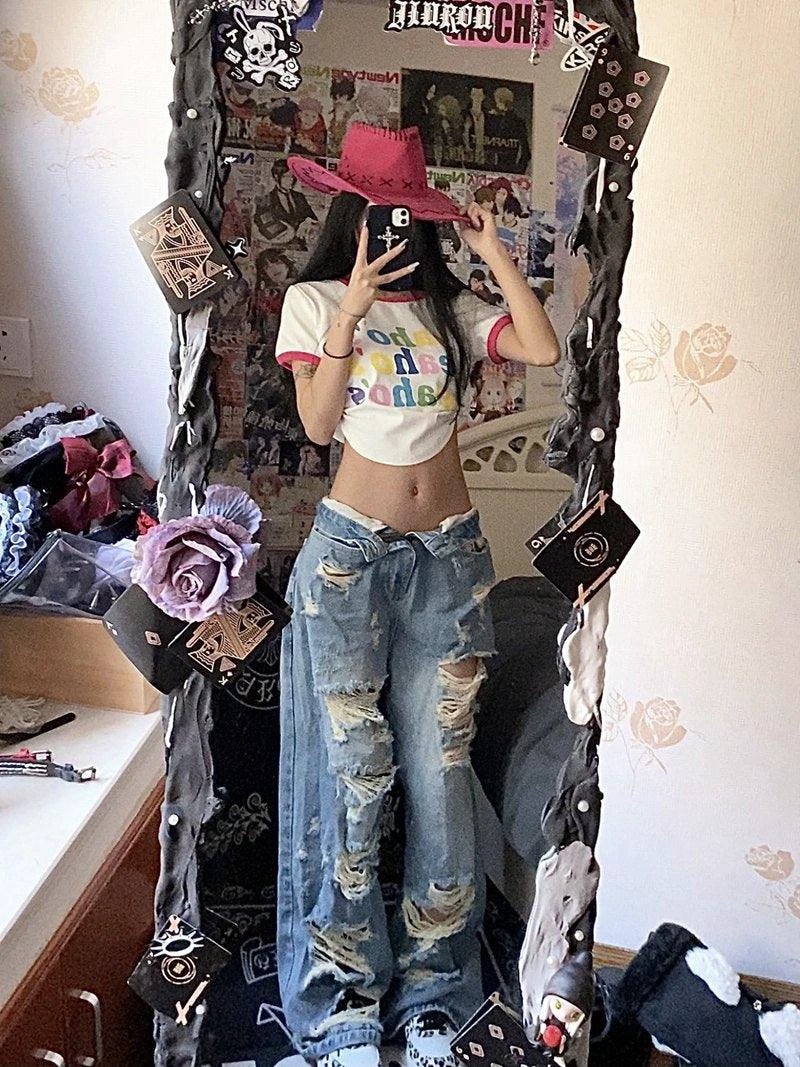 Plus Size American High Street Wide Leg Ripped Denim Women's Summer Re ...