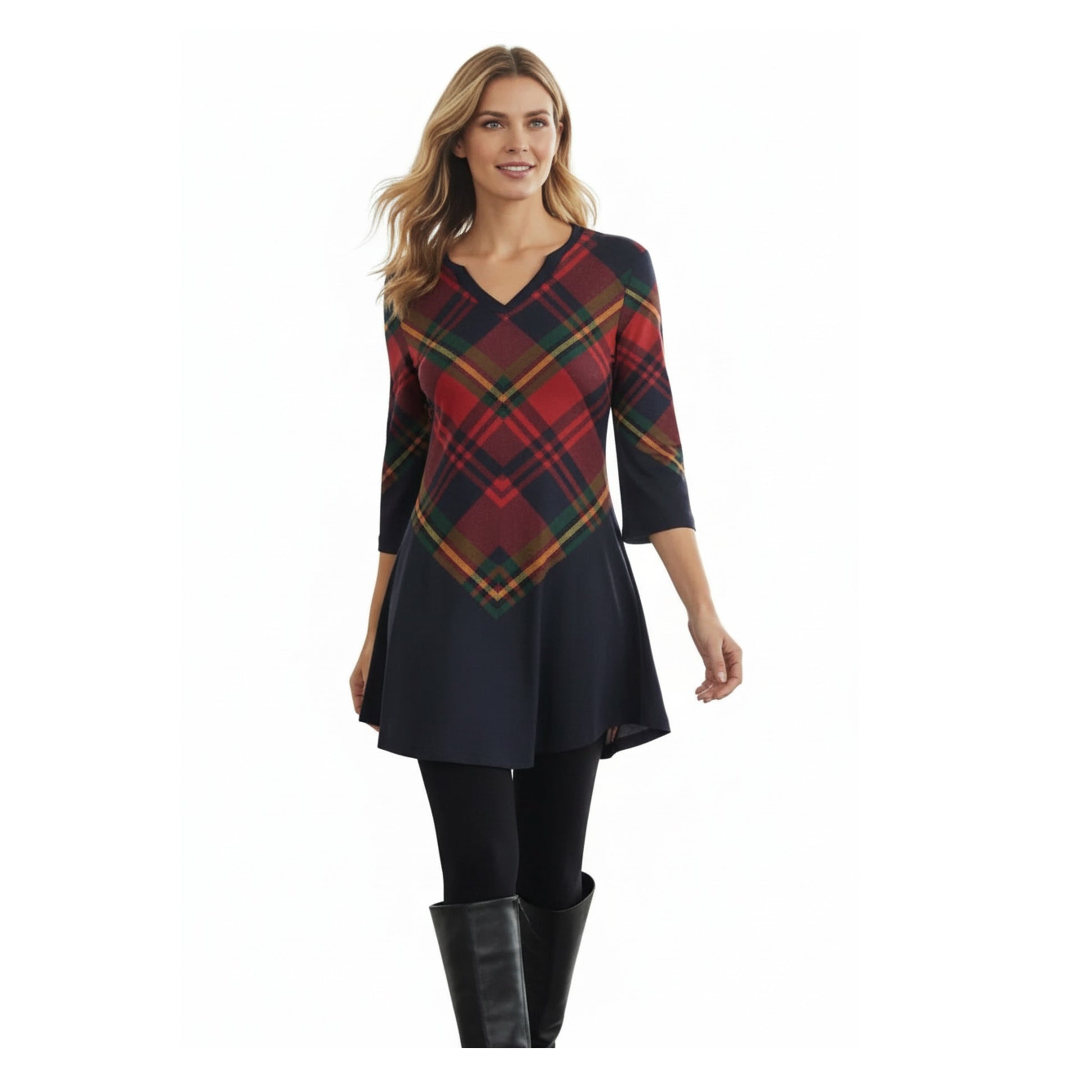 Lily by Firmiana Women's 3/4 Sleeve Notch Neck Tunic Red & Navy Diagon ...
