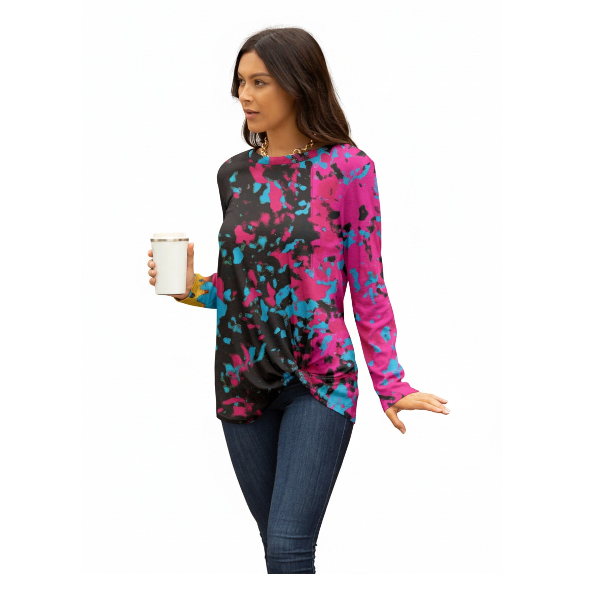 Lily by Firmiana Women's Long Sleeve Tunic with Twist Hem Black and Mu ...