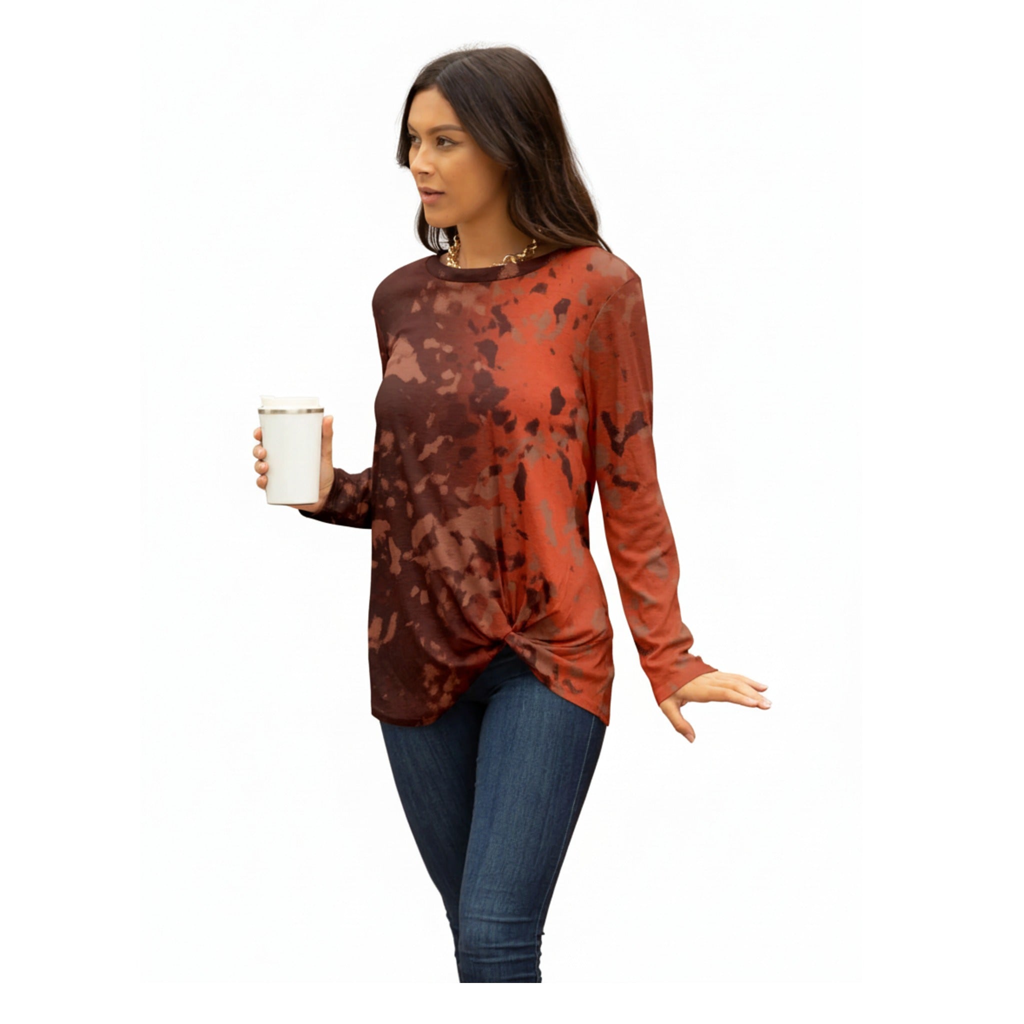 Lily by Firmiana Women's Long Sleeve Tunic with Twist Hem Brown and Or ...