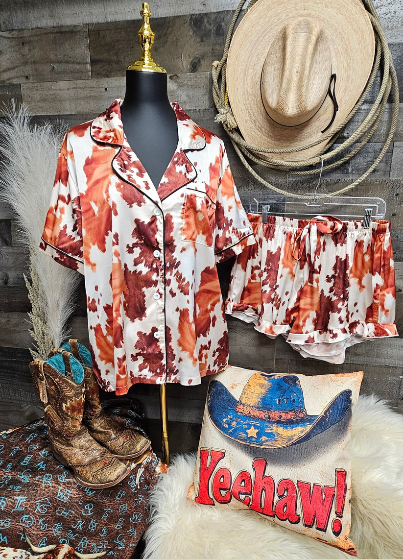 Baha Ranch Cow Hide Print Western Cowgirl Satin Pajama Set – Zulily