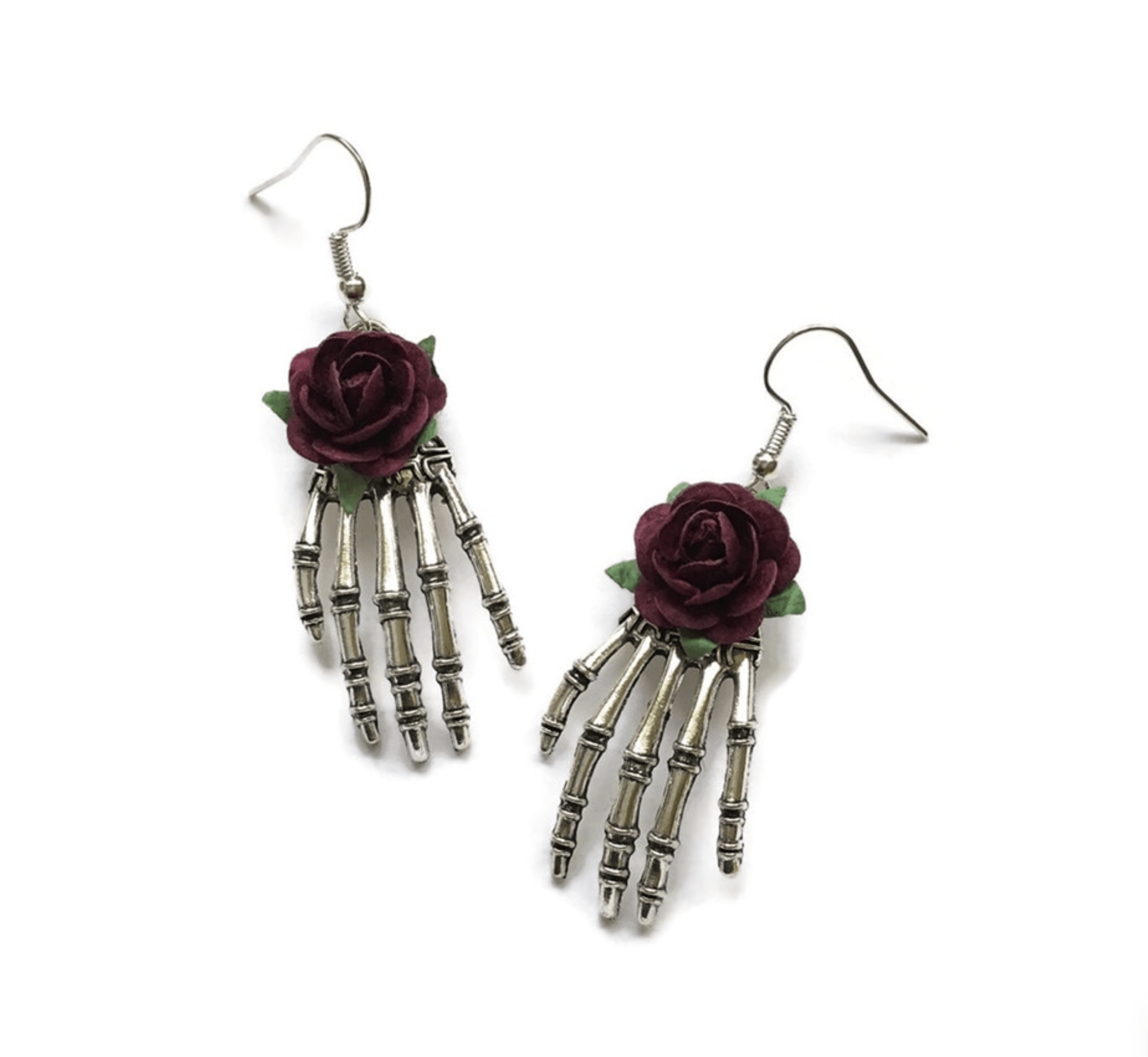 Silvertone Skeleton Hand With Dark Rose Earrings – Zulily