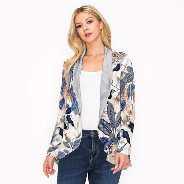 Blue Floral Leaf Print Open Front Long Sleeve Cardigan – Zulily