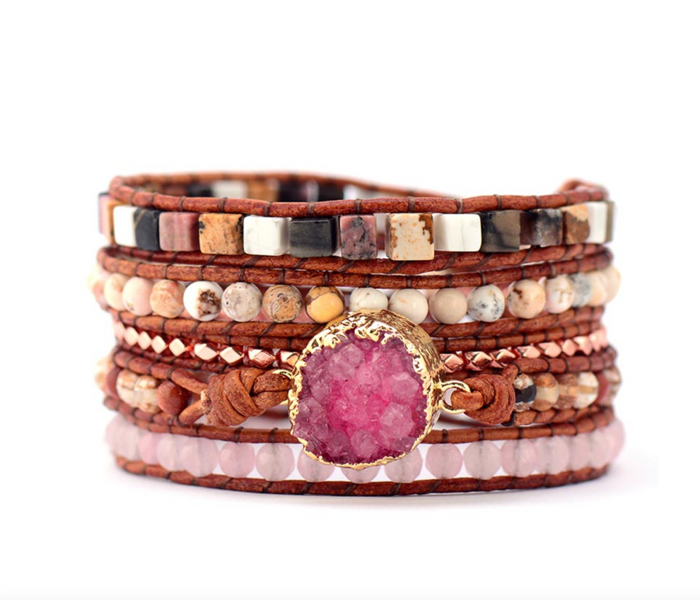 5 Layer Beaded Fuschia Druzy Wrap Leather Bracelet – Zulily